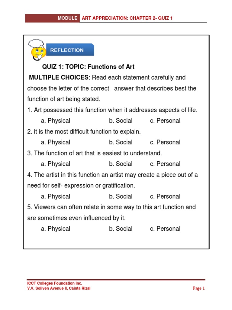 Quiz 1: Analyzing the Social, Physical, and Personal Functions of Art | PDF