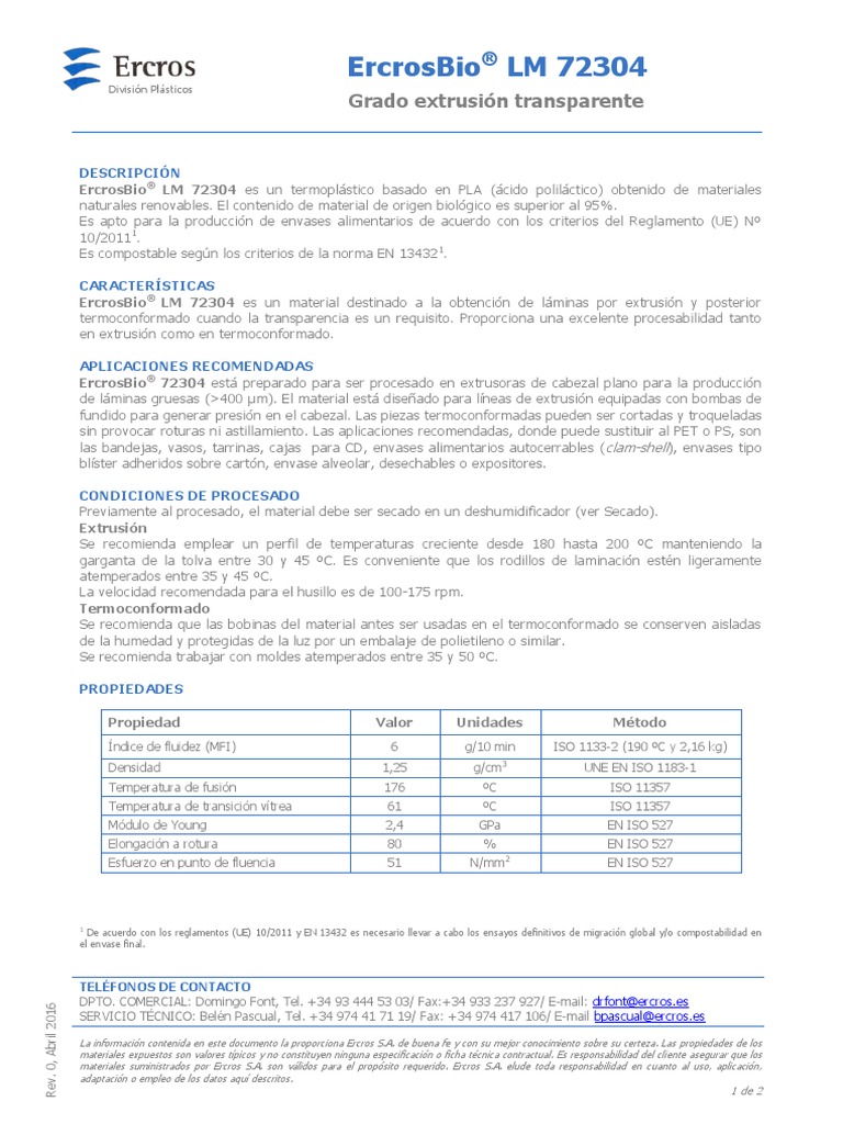 TDS-ErcrosBio-LM72304 r0 Es | PDF | Extrusión | El plastico