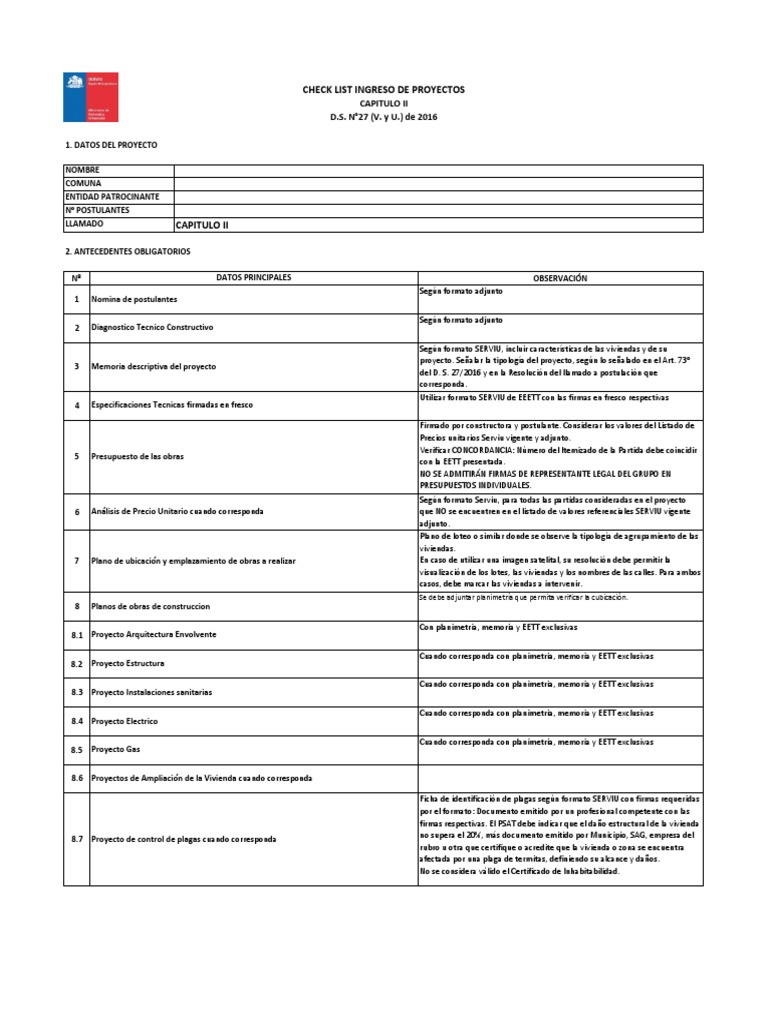 Check List Ingreso Proyectos CapII - DS27 | PDF | Plaga (organismo) | Madera