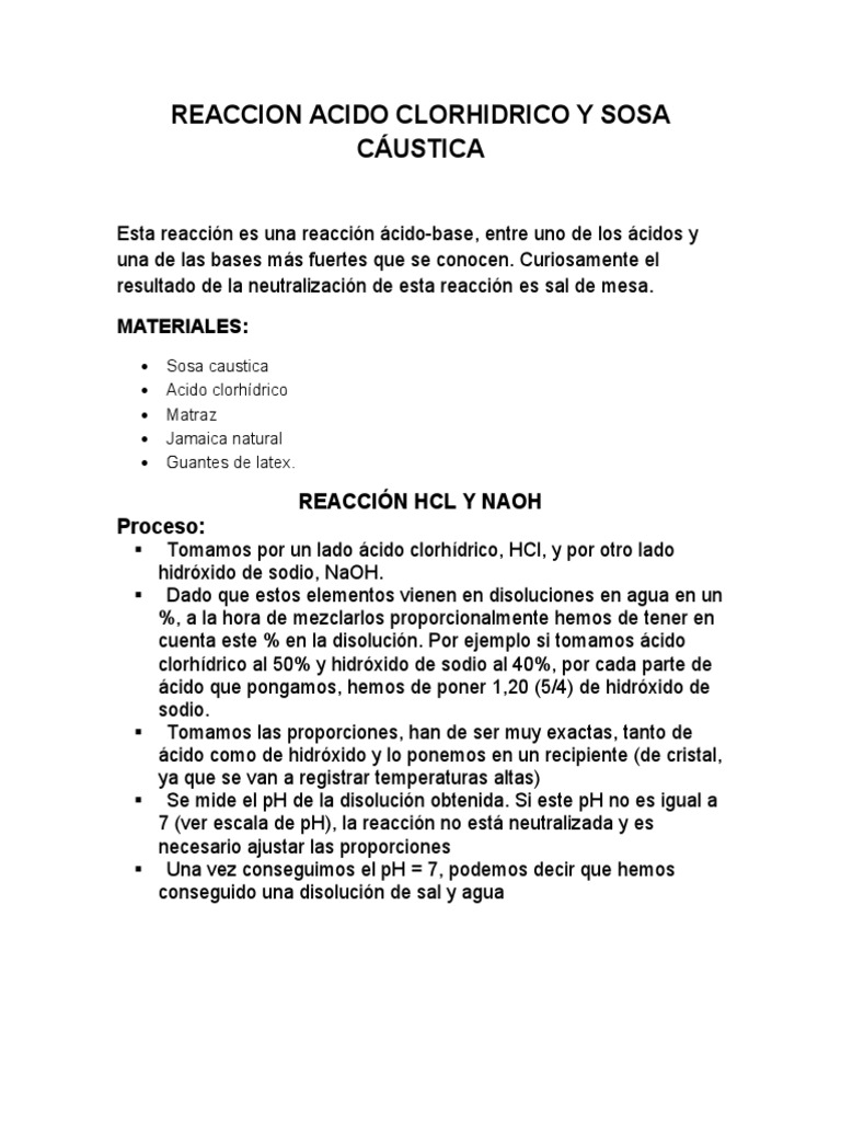 Reaccion Acido Clorhidrico y Sosa Cáustica | PDF