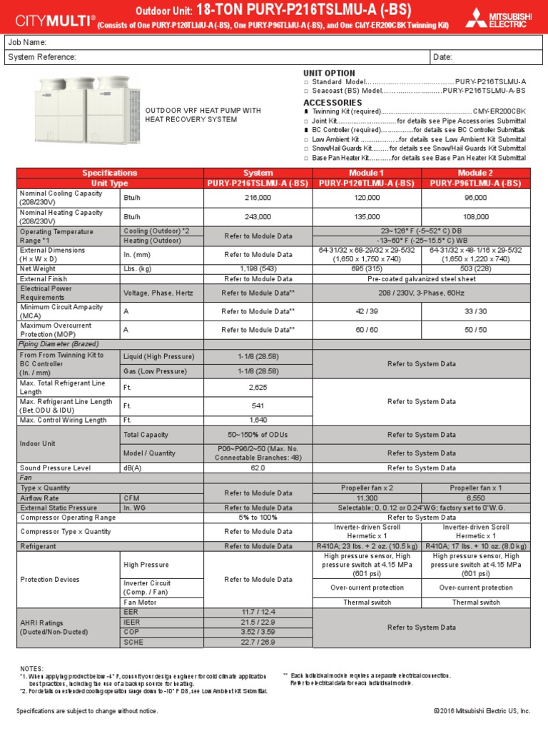 (Consists of One PURY-P120TLMU-A (-BS), One PURY-P96TLMU-A (-BS), and ...