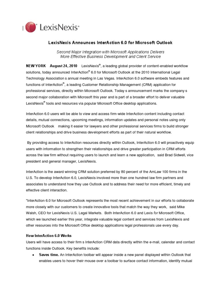 Interaction 6.0 For Microsoft Outlook | PDF | Lexis Nexis | Microsoft ...