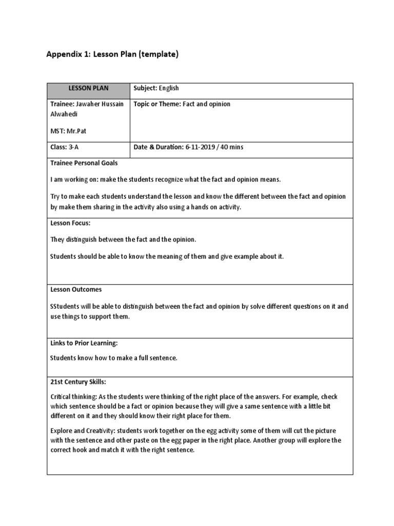 Appendix 1: Lesson Plan (Template) | PDF | Lesson Plan | Question