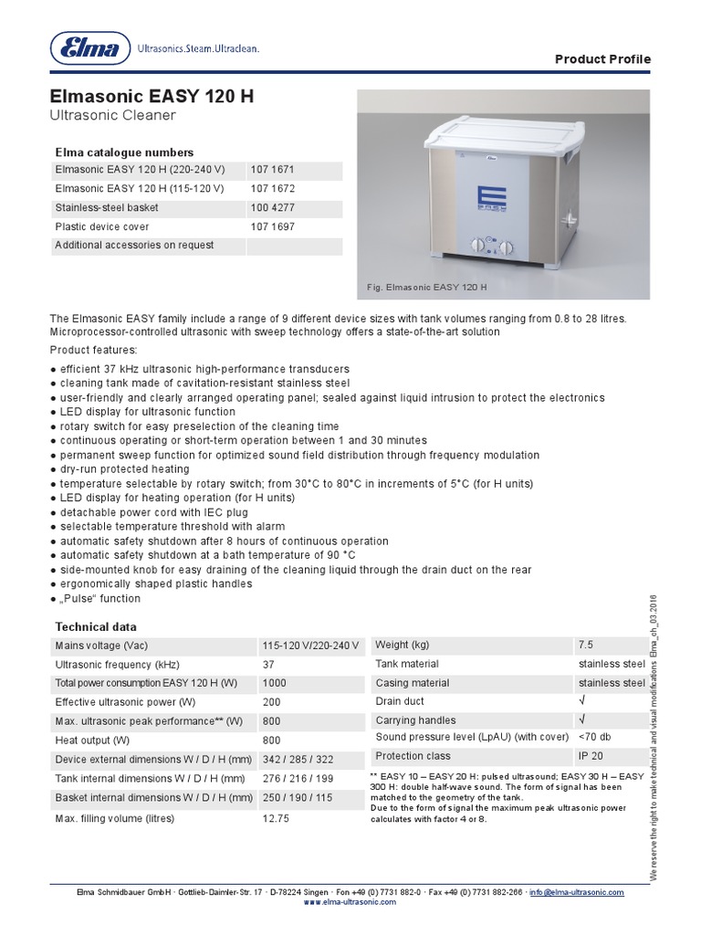 Elmasonic EASY 120 H: Ultrasonic Cleaner | PDF | Ultrasound | Electronics