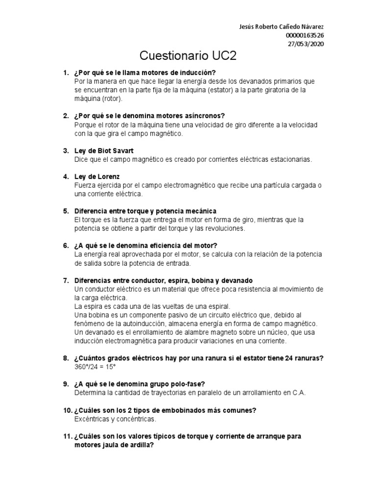 Cuestionario UC2 | PDF | Motor eléctrico | Inductor