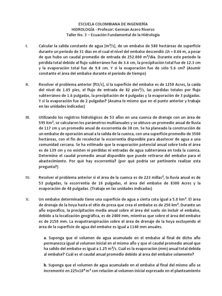 HIDG Taller 3 Ec Fundamental | PDF | Reservorio | Evaporación