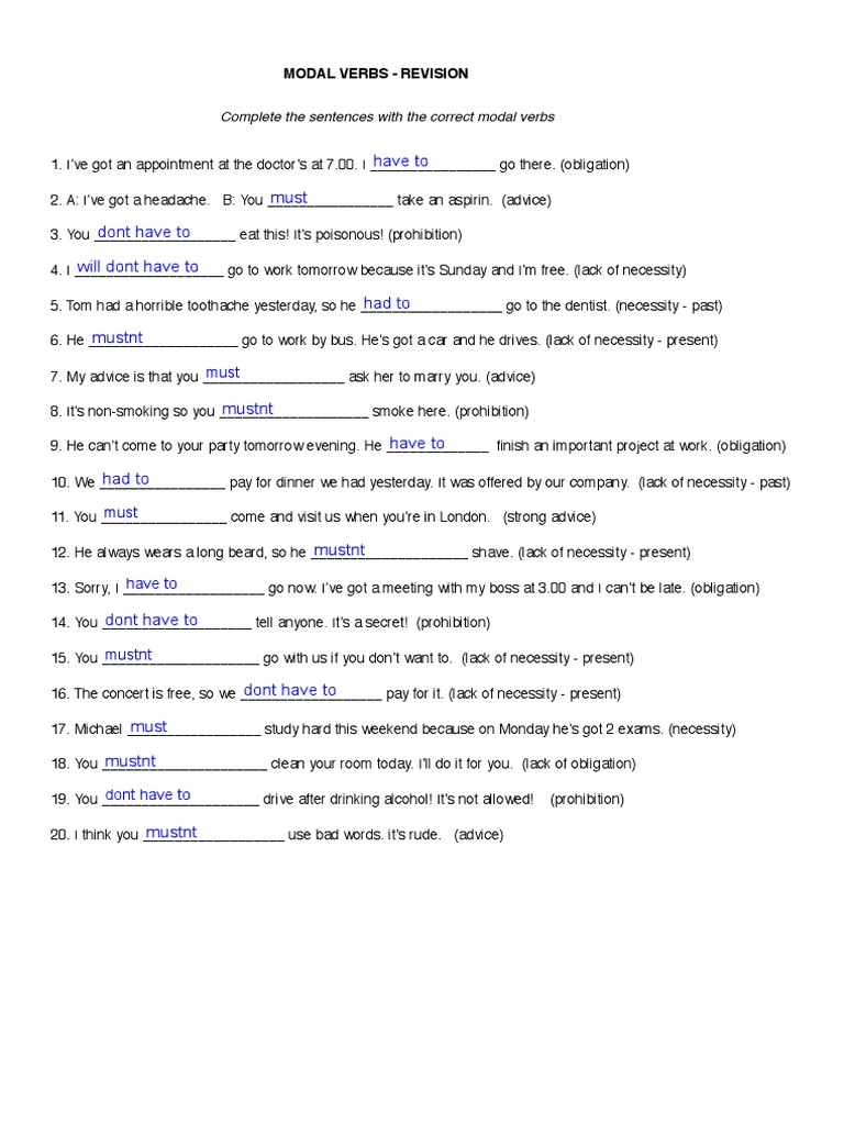Modal Verbs: Obligation & Prohibition Exercises | PDF | Language ...