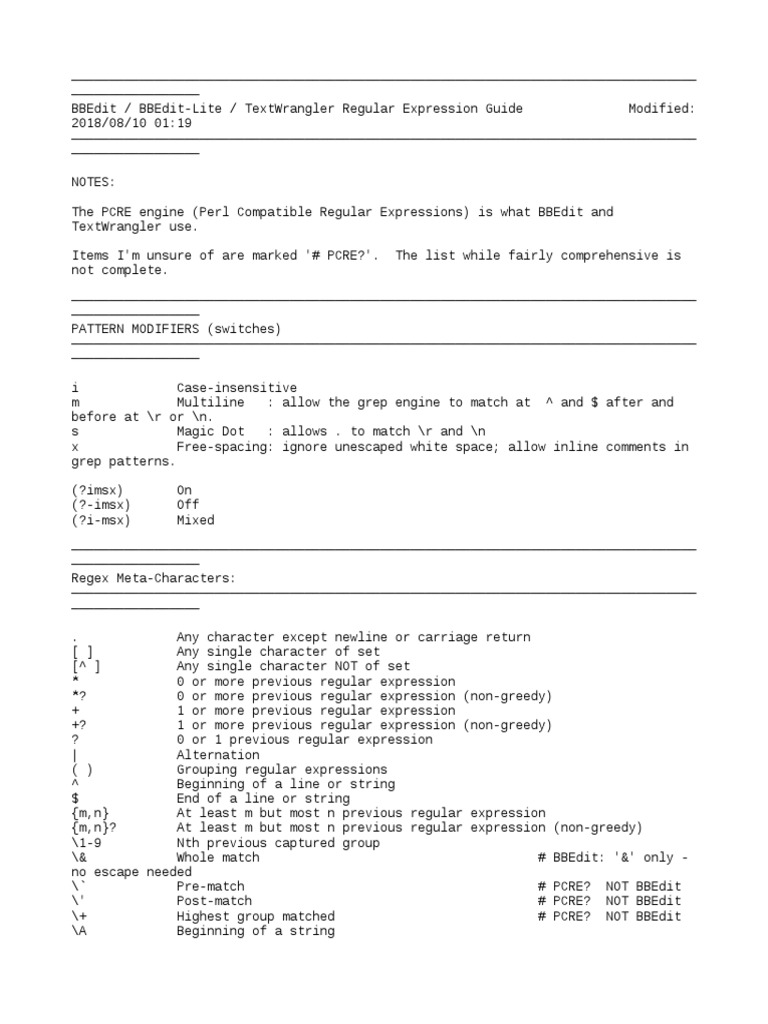 BBEdit-TextWrangler RegEx Cheat Sheet | PDF | Regular Expression | Computer Data