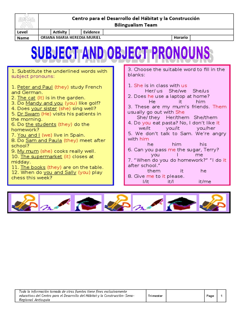 SUBJECT PRONOUN VERSIÓN 2 Completado | PDF
