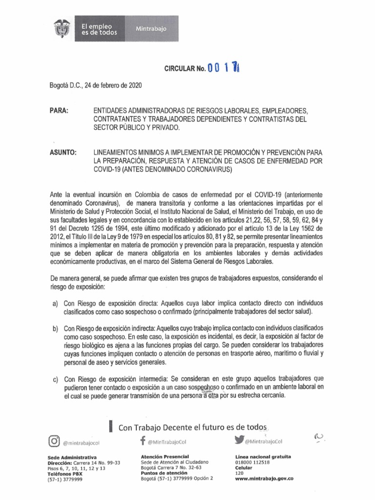 Circular 017 de 2020 PDF | PDF | Derecho laboral | Politica social