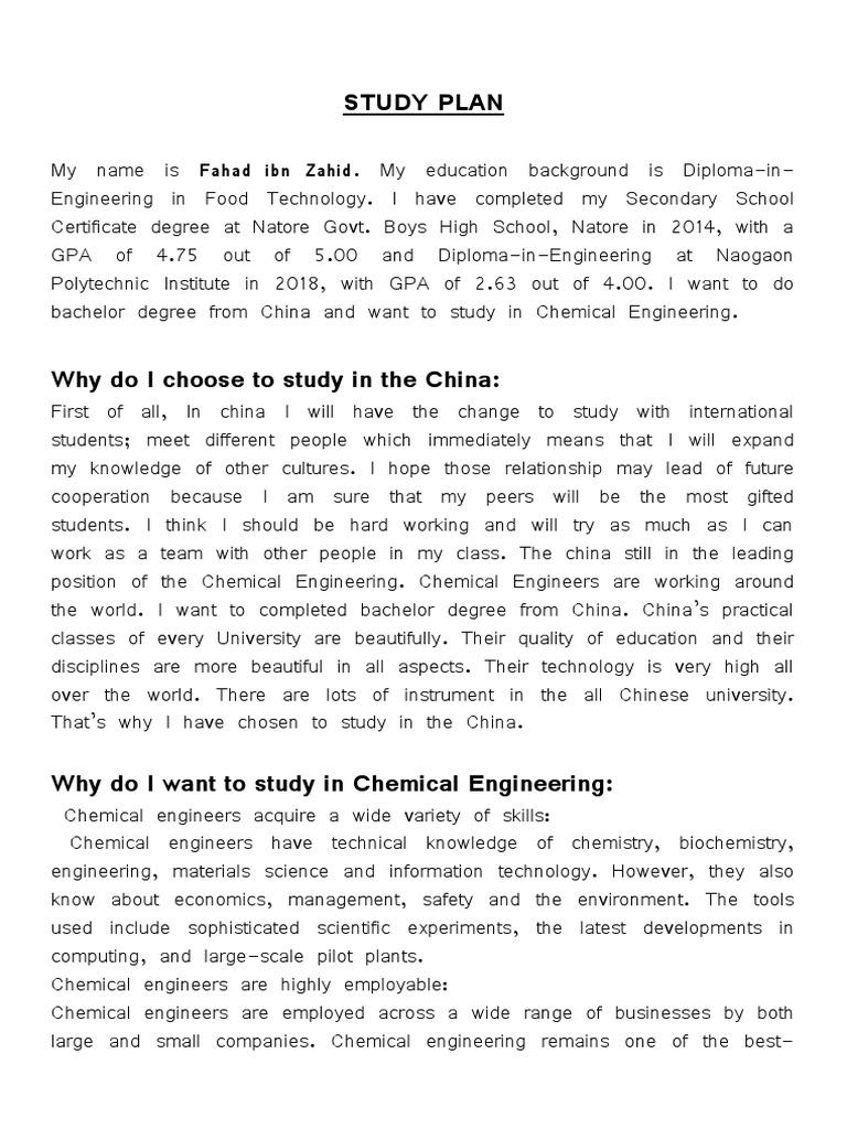 Fahad Chemical Study Plane | PDF | Engineer | Chemical Engineering