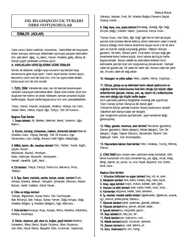 İsimler (Adlar) : Dil Bilgisi/Sözcük Türleri Ders Notu/Sorular | PDF