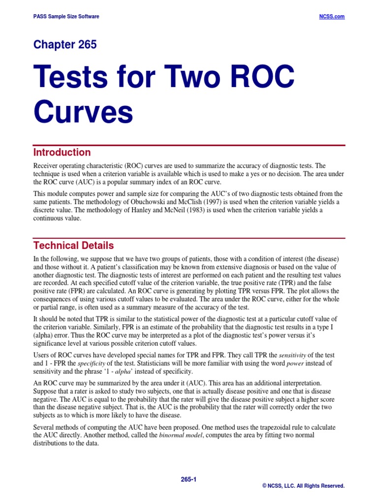 Tests For Two ROC Curves: PASS Sample Size Software | PDF | Receiver ...