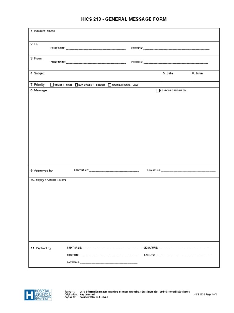 Hics 213 - General Message Form: 1. Incident Name | Download Free PDF ...