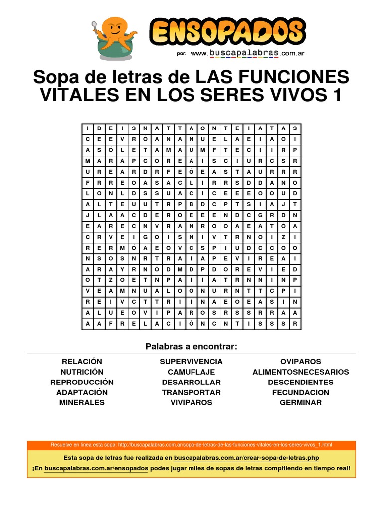 Sopa de Letras de Las Funciones Vitales en Los Seres Vivos - 1 | PDF ...