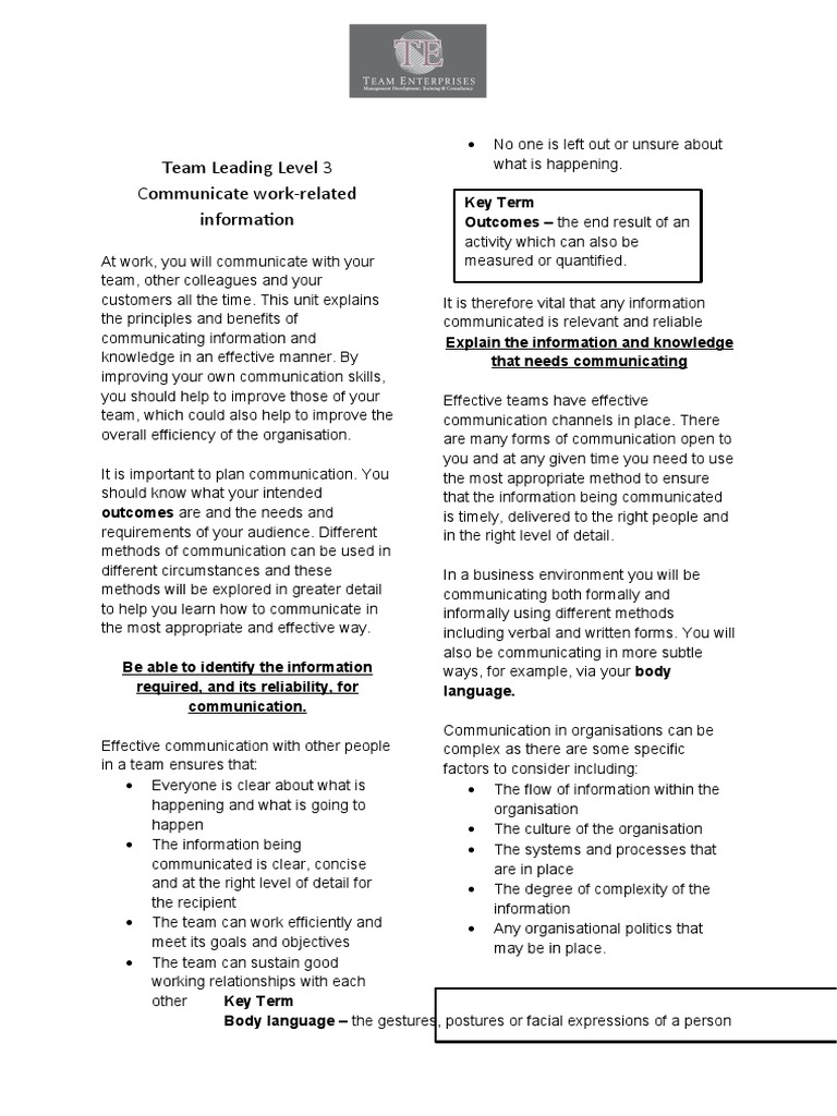 Team Leading Level 3 Communicate Work-Related Information | PDF | Body ...