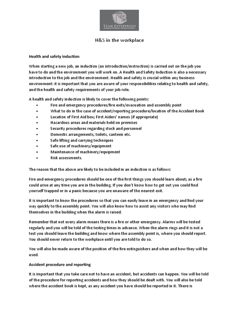 Essential Health & Safety Induction Guide | PDF | First Aid ...