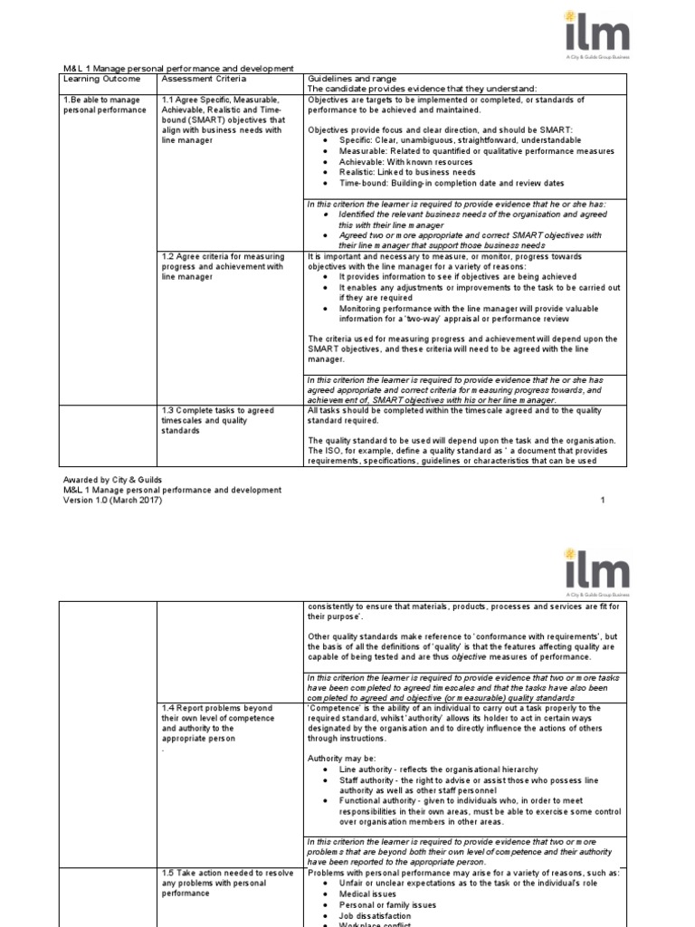 Manage Personal Performance and Development ILM Assessment Guidance ...