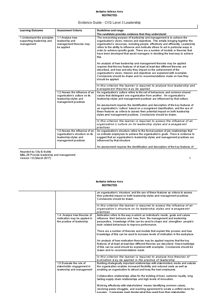 Evidence Guide - CVQ Level 3 Leadership: Restricted | PDF | Leadership ...