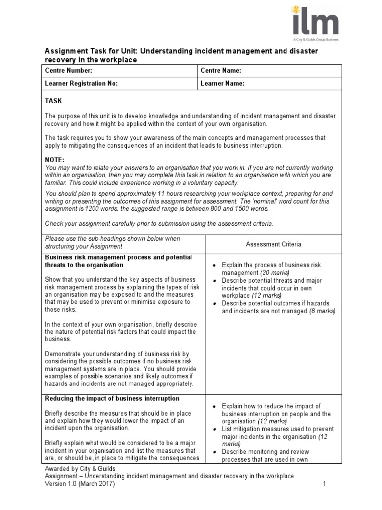 Assignment Task For Unit: Understanding Incident Management and ...