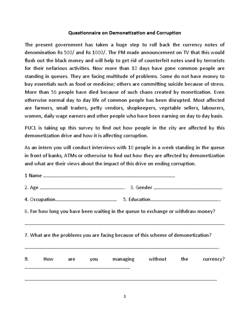 Demonetization Impact Survey Questionnaire | PDF | Money | Macroeconomics