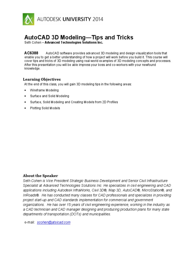 Autocad 3D Modeling-Tips and Tricks: Learning Objectives | PDF | 3 D Computer Graphics ...