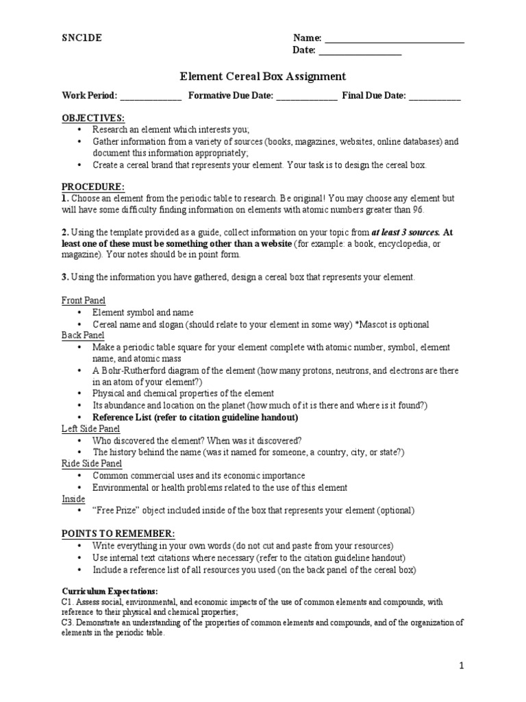 Snc1de Element Cereal Box Assignment 02 18 20 | PDF | Chemical Elements ...