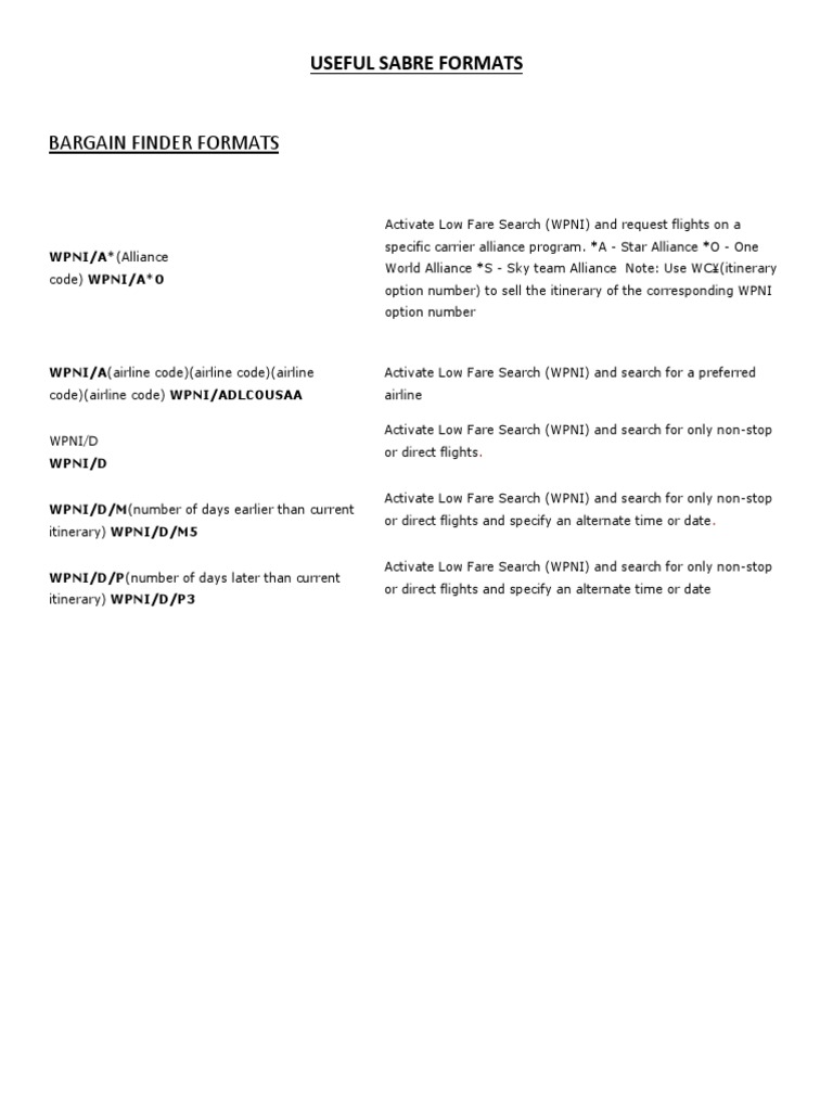 Useful Sabre Formats | PDF