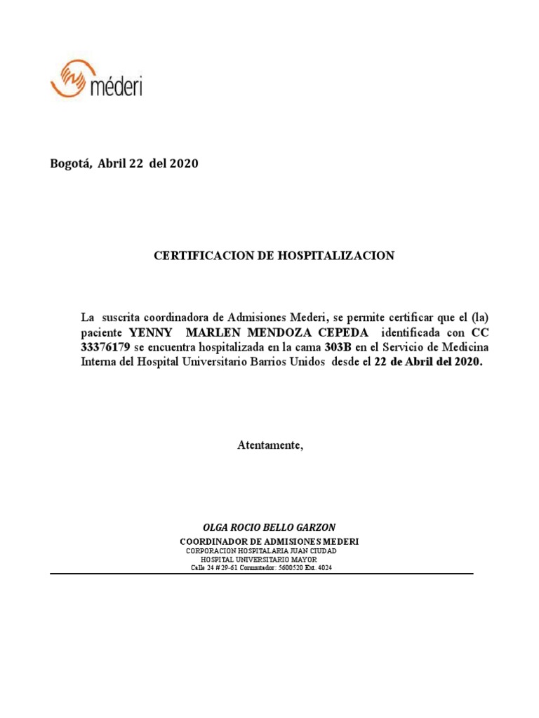 Certificacion Hospitalizacion - Odt | PDF