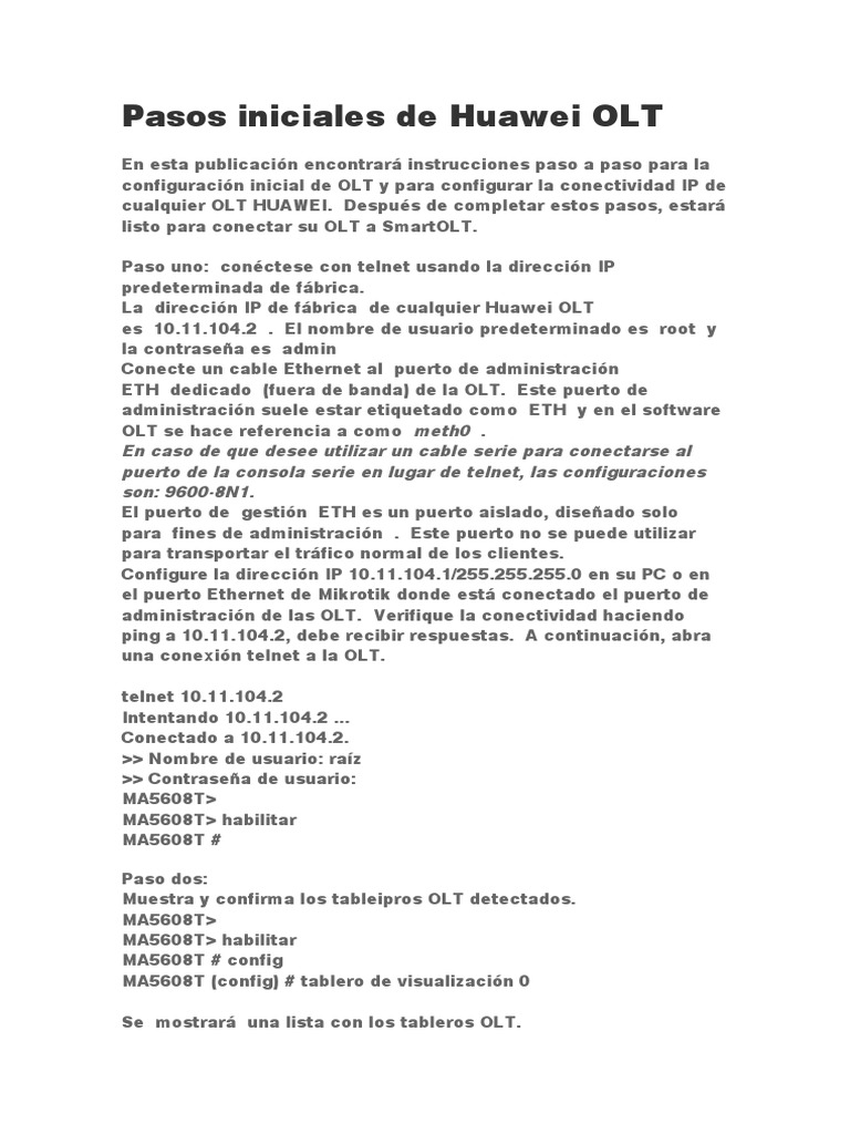 Pasos Iniciales de Huawei OLT | PDF | Dirección IP | Contraseña