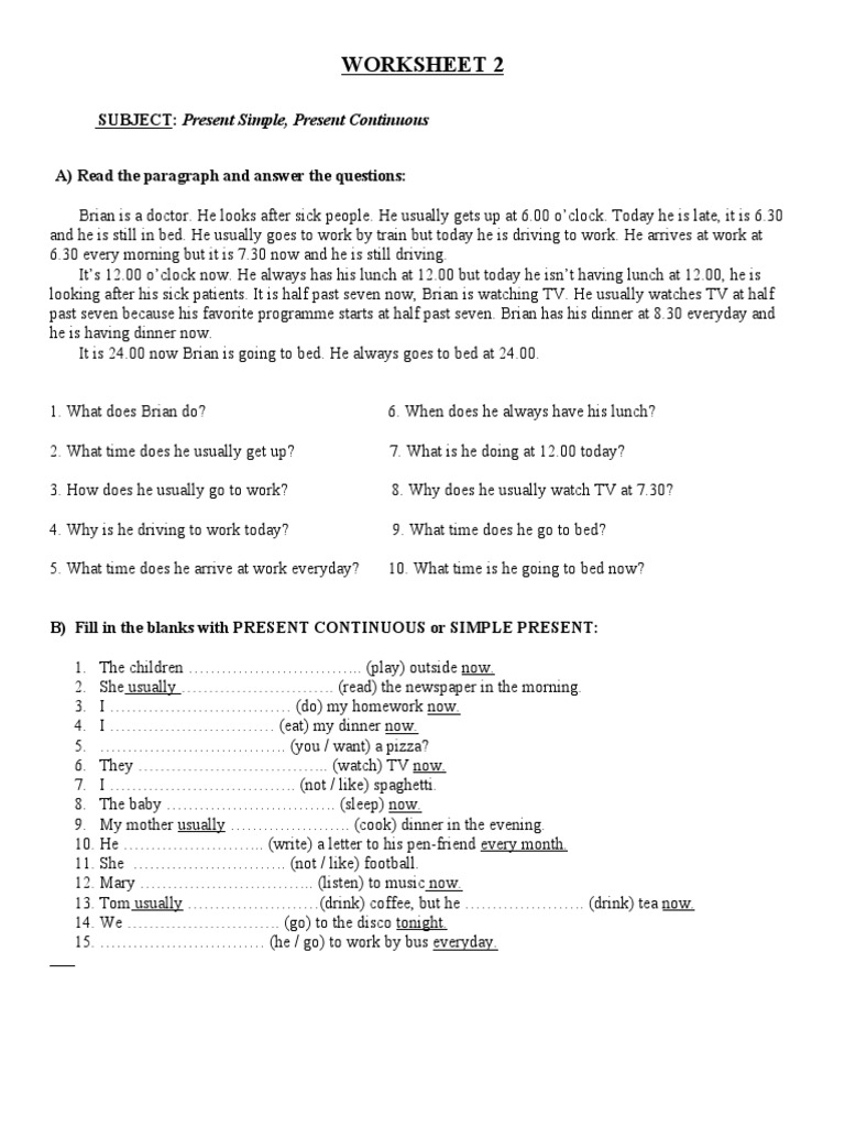 Present Simple vs Continuous Worksheet | PDF | Language Arts & Discipline