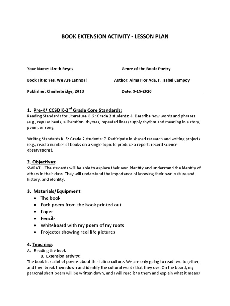 Book Extension Activity - Lesson Plan: 1. Pre-K/ CCSD K-2 Grade Core ...