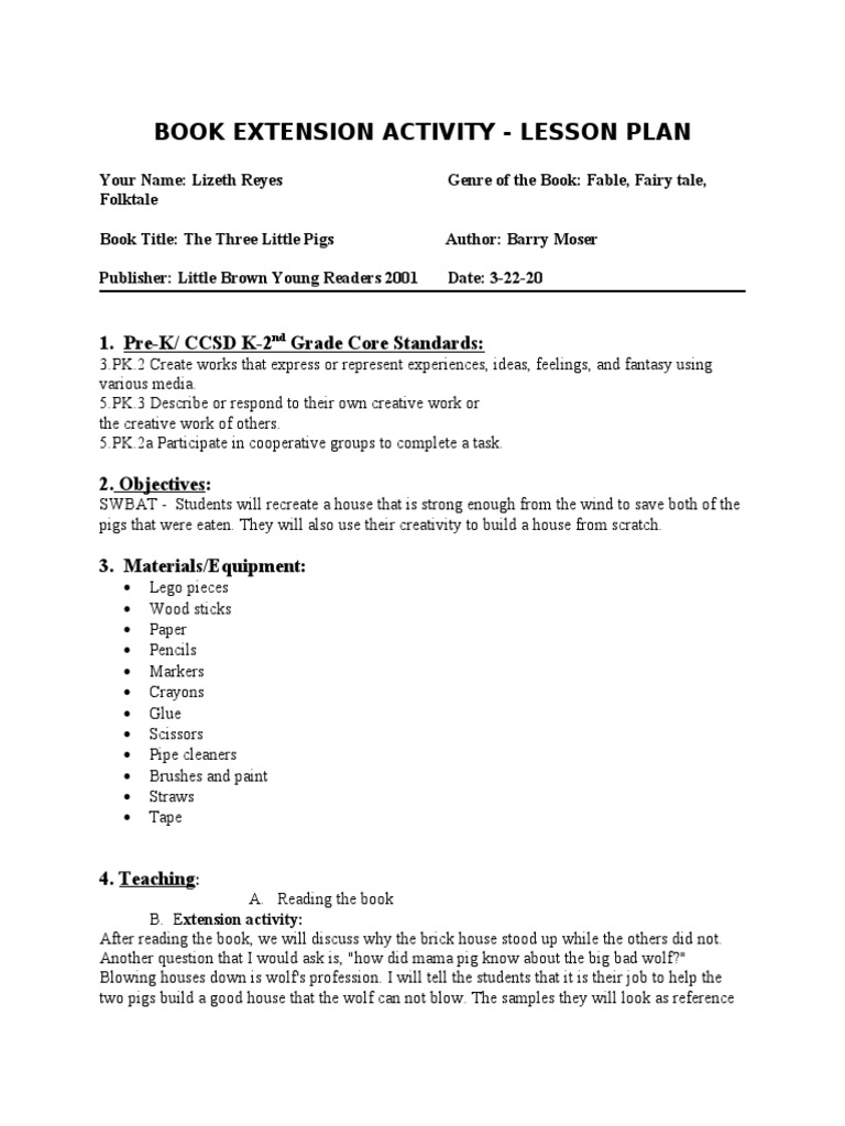 Book Extension Activity - Lesson Plan: 1. Pre-K/ CCSD K-2 Grade Core ...