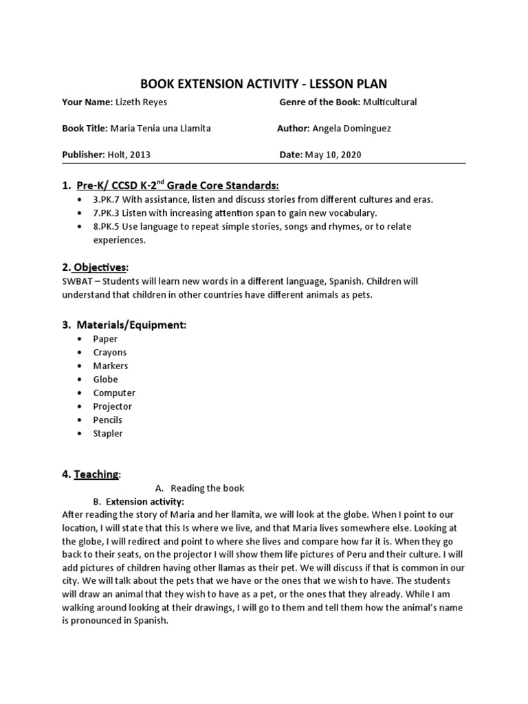Book Extension Activity - Lesson Plan: 1. Pre-K/ CCSD K-2 Grade Core ...