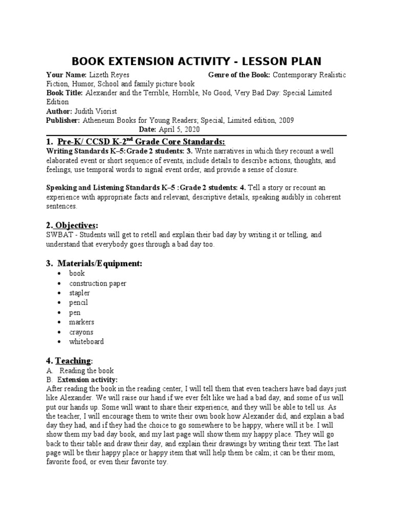Book Extension Activity Lesson Plan - Format Only-1 1 2 - 1 | PDF ...