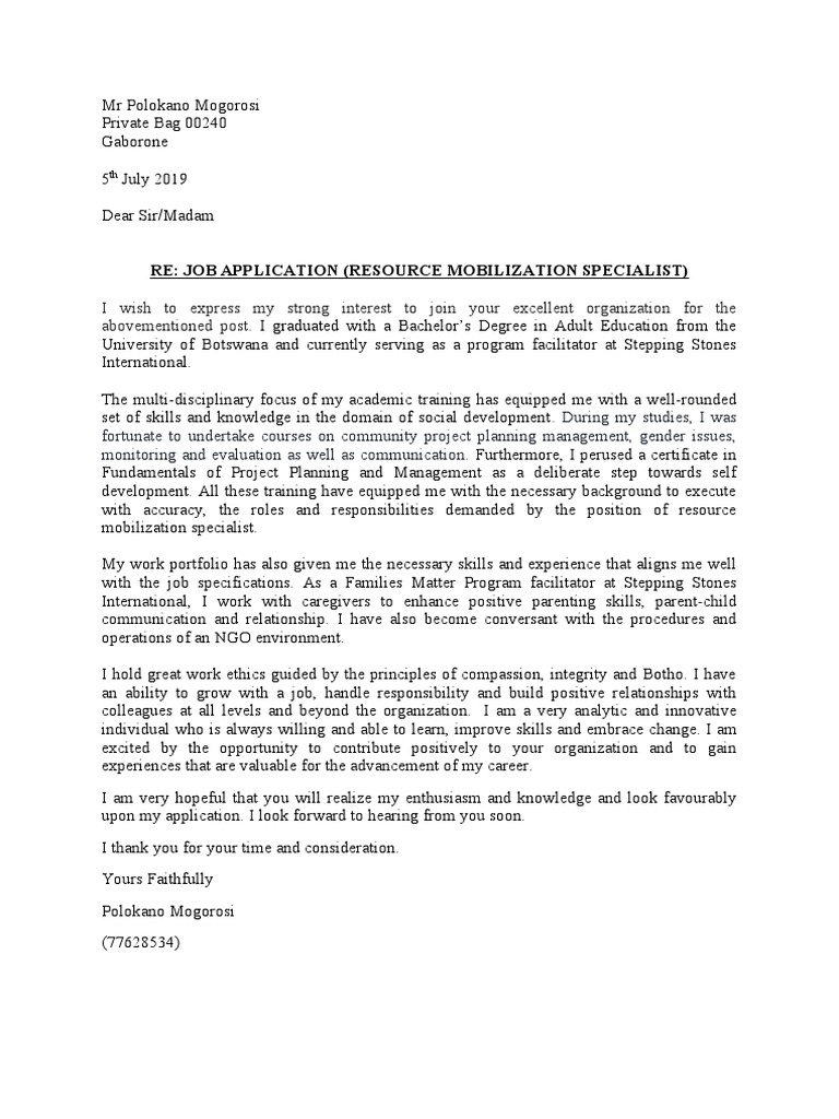 Resource Mobilization Specialist - Cover Letter | PDF | Self ...