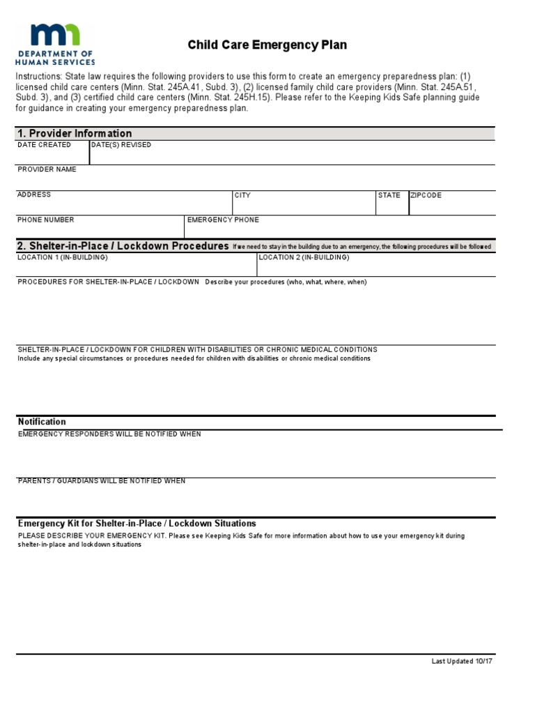 Child Care Emergency Plan: 1. Provider Information | PDF | Emergency ...