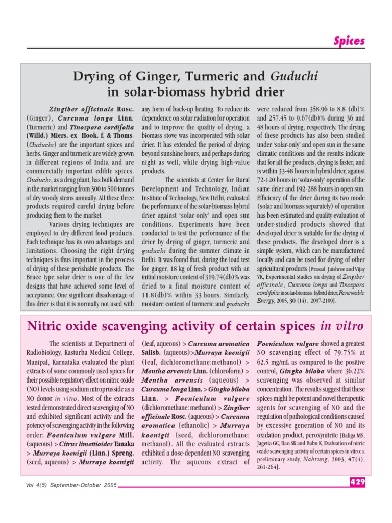Drying of Ginger, Turmeric and in Solar-Biomass Hybrid Drier | PDF ...