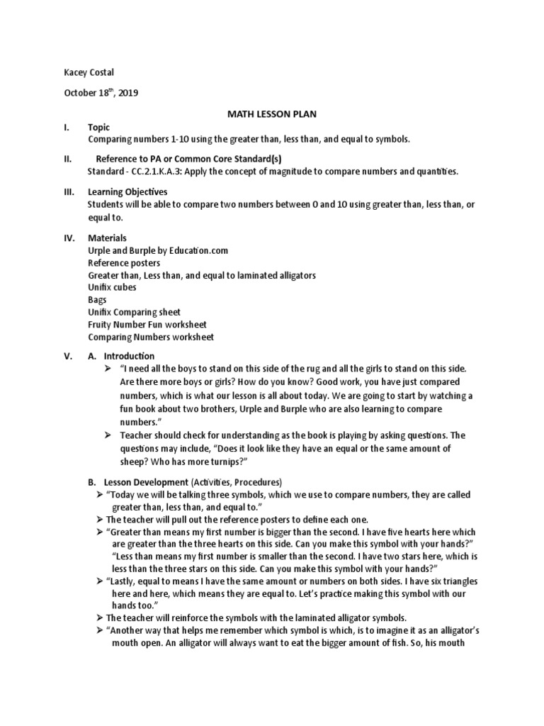 Math Lesson Plan | PDF | Worksheet | Cognition