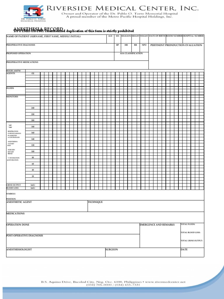 Anesthesia Record: DPOTMH-OR-F001 Unauthorized Duplication of This Form ...