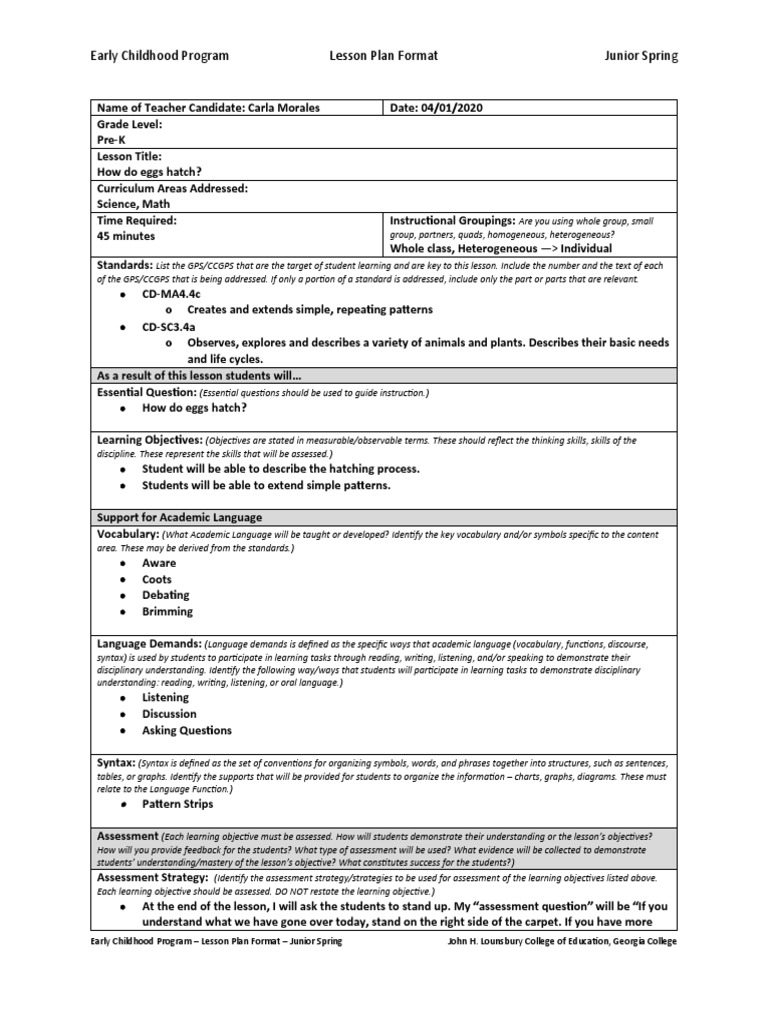 Early Childhood Program Lesson Plan Format Junior Spring | PDF ...