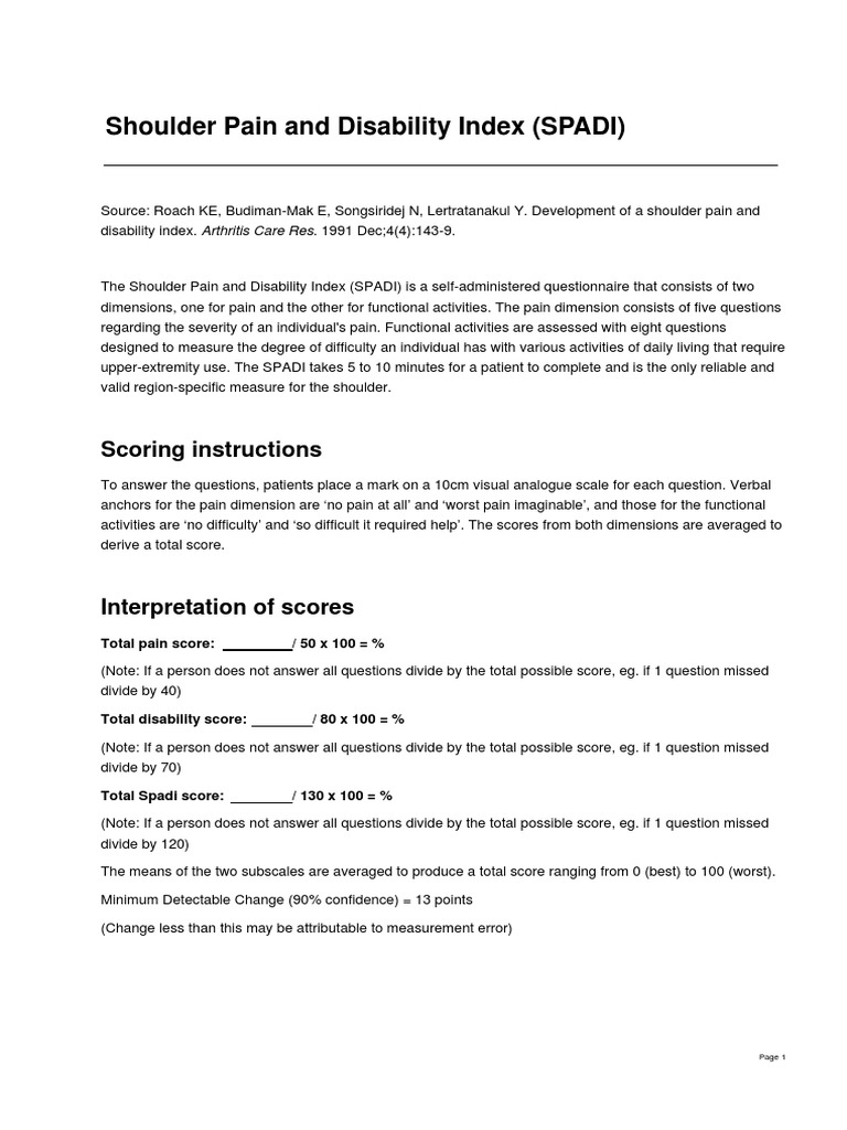 SPADI: Shoulder Pain Index Guide | PDF | Pain | Psychology