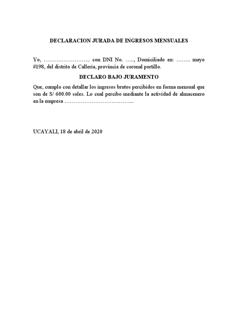 Declaracion Jurada de Ingresos Mensuales | PDF