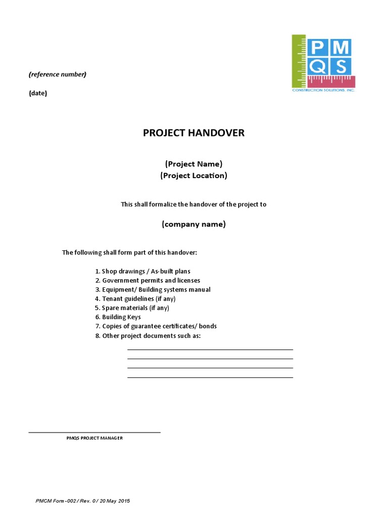 PMCM Form-002 Project Handover | PDF