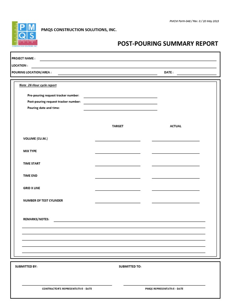 PMCM Form-048 Post-Pouring Summary Report | PDF | Technology & Engineering