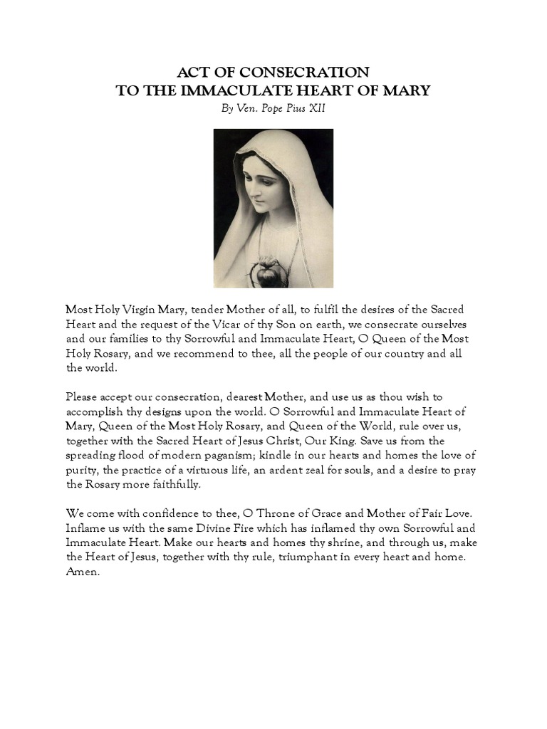 Act of Consecration To The Immaculate Heart of Mary: by Ven. Pope Pius XII | PDF