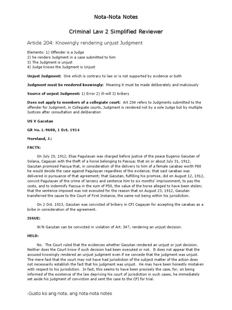 Crim 2 Reviewer - Notes | PDF | Judgment (Law) | Perjury