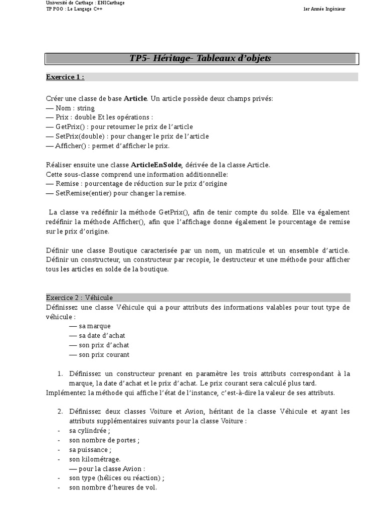 TP5 : Héritage en C++ - Véhicules et Articles | PDF | Classe (informatique) | Programmation ...