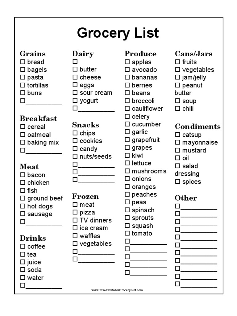 Grocery List: Grains Produce Cans/Jars Dairy | PDF | Salad | Foods