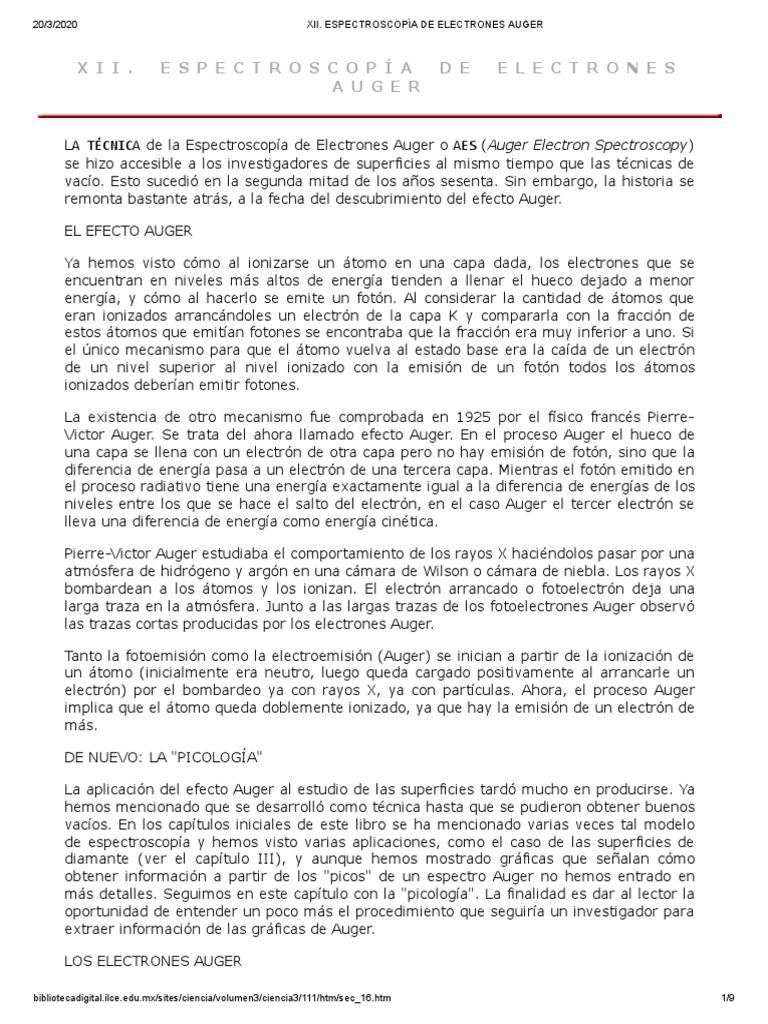 Xii. Espectroscopía de Electrones Auger | PDF | Electrón | Átomos